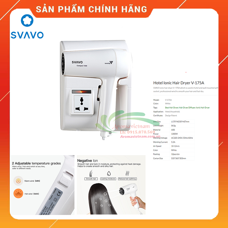 Máy sấy tóc treo tường cao cấp SVAVO V175A (có ion) – CTY AROMA VIỆT NAM